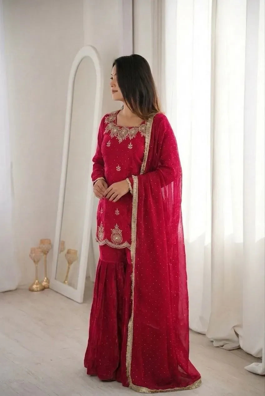 Luxe Fendy Silk Sharara Suit Set - Zarkan Diamond Work – TREND BUY