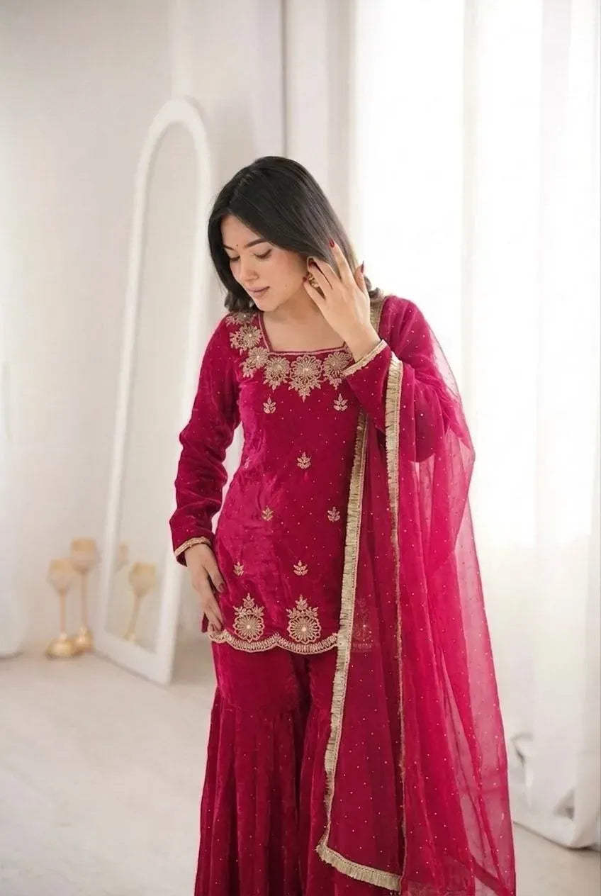 Luxe Fendy Silk Sharara Suit Set - Zarkan Diamond Work – TREND BUY