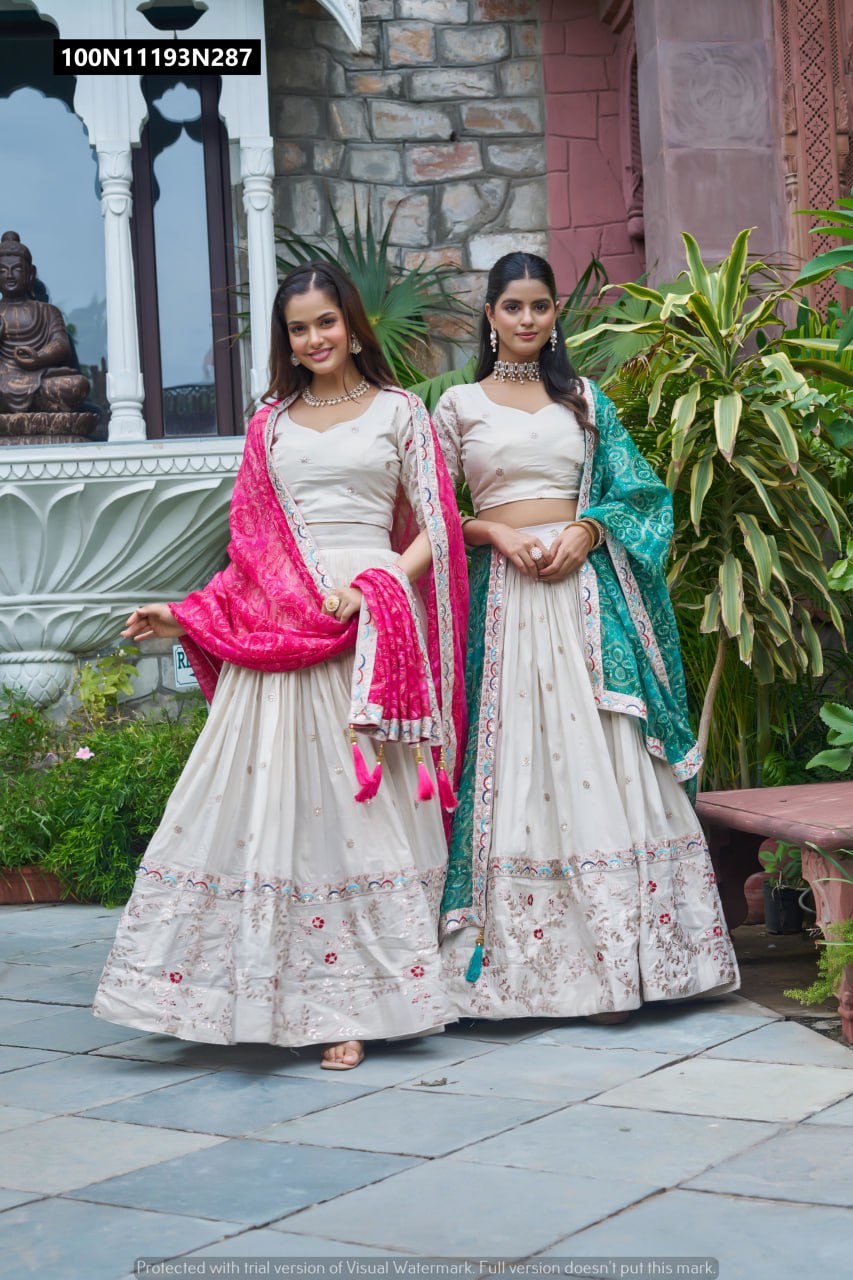 TRENDBUY Pure Tissue Silk Embroidered Lehenga Choli & Bandhani Dupatta ...